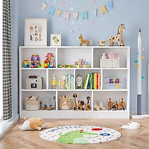ECACAD Bookcase, Wood Bookshelf with 3 Tier Open Shelves, 10-Cube Storage Organizer Display Shelf for Living Room, Home Office, White (55.1”L x 9.4”W x 40.9”H)