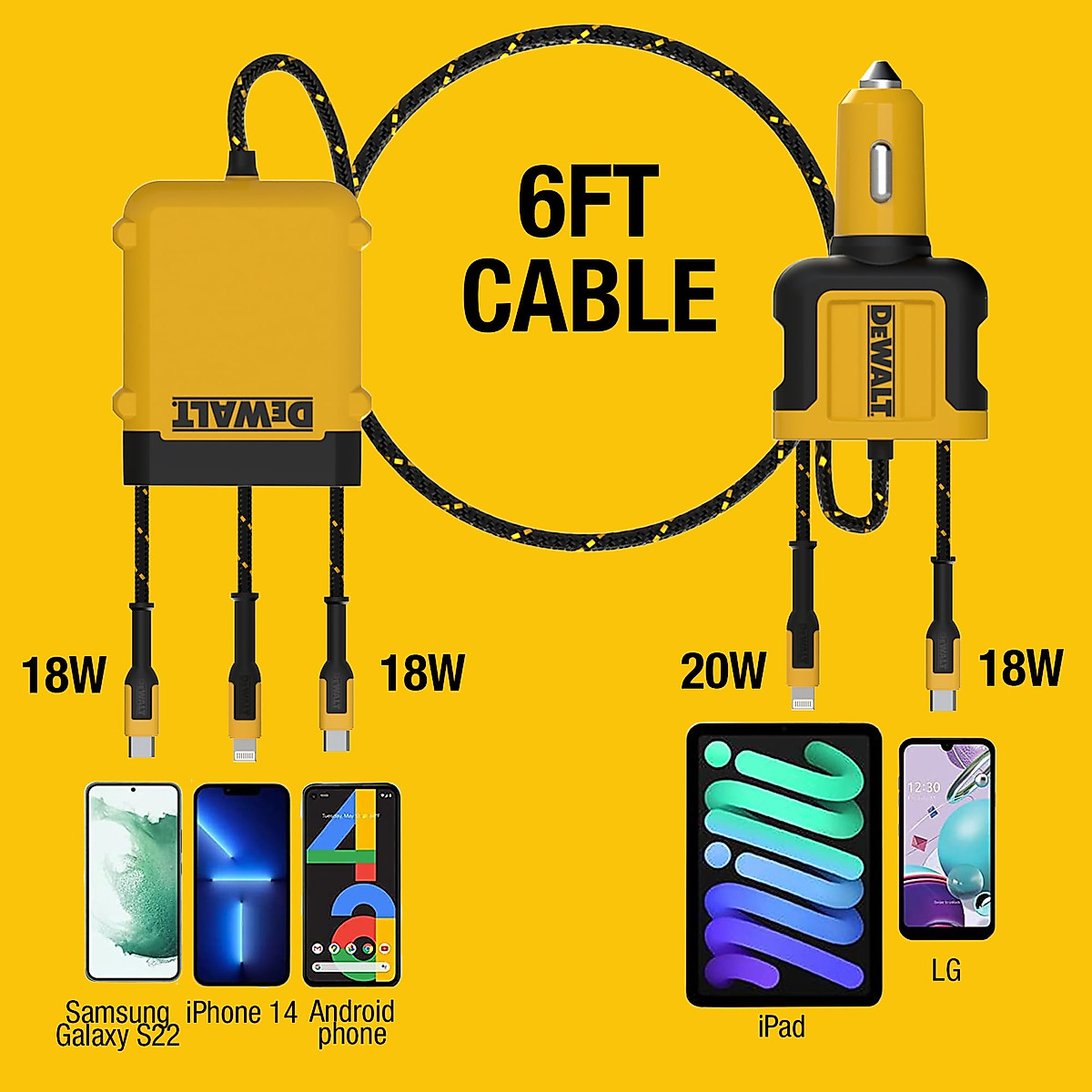 DEWALT 5-Port Front & Back Seat Mobile USB PD Car Charger, 72W Car Charger Adapter, USB Car Charger for Multiple Devices, Cigarette Lighter Adapter USB Charger with Cable for Back Seat Charging