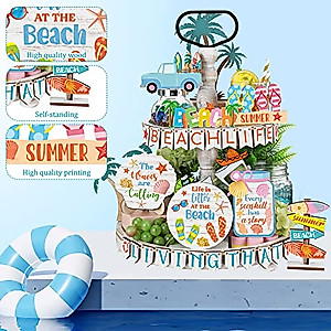 31 Pcs Summer Hawaii Tiered Tray Decor Beach Summer Farmhouse Decor Wood Rustic Beach Tiered Tray Decorations Coastal Summer Wooden Sign with Slippers Sunshine for Kitchen Table Shelf Home Party