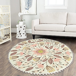 Uphome Round Rug for Bedroom 5.3' Circle Cute Area Rug with Pom Poms Fringe Floral Plant Washable Throw Rugs Non-Slip Soft Floor Mats for Entryway Laundry Living Room Kids Room Nursery, Pink