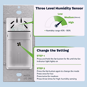 TOPGREENER Humidity Sensor Switch for Ventilation Fan, Air Moisture Detection, Bathroom Fan Automated Control, Adjustable Timing, Neutral Wire Required, UL Listed, TDHS5-N, White
