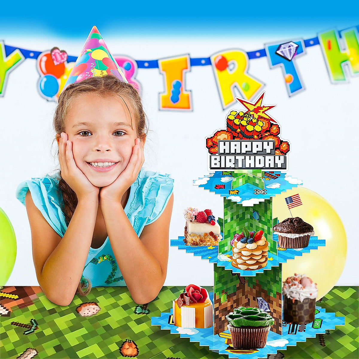 3-Tier Pixel Game Style Cupcake Stand,Mining Birthday Party Decoration Cardboard Cupcake Stand, Dessert Holder Display for Birthday Party Supplies