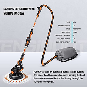 Drywall Sander 7.2 A, 900W ENGiNDOT Electric Wall Sander, 14 Sanding Discs, 6 Speed 900-1800RPM, 13ft Dust Collection Hose, Telescopic Handle, Automatic Dust Removal System, LED Light, Digital Display