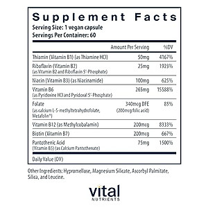 Vital Nutrients Vitamin B6 + B Complex | Vegan Methylated B Vitamins for Energy, Metabolism, Heart Health* | High-Potency Vitamin B6 for Menstrual Discomfort * | Gluten, Dairy, Soy Free | 60 Capsules
