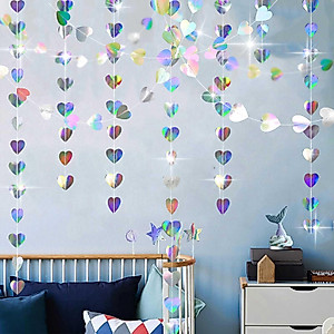 Fecedy 4 Pack Iridescent Love-Heart Garland Hanging Neon Streamers Banner for Birthday Bachelorette Baby Bridal Shower Engagement Valentines Decoration