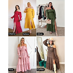 ZESICA Women's 2024 Boho Sexy Off Shoulder Long Sleeve Smocked High Waist Side Split Flowy A Line Tiered Long Maxi Dress,White,Medium