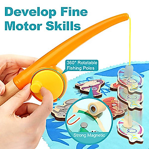 TOP BRIGHT Montessori Toddler Fishing Game - Kids Wooden Magnetic Fishing Toys Gifts for 3 Years Old Girls Boys, Fine Motor Skills for Toddler