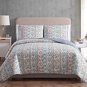 DREAMCLOUD HOME Bohemian Quilt Set Full Queen Size 3 Piece, Cosima Striped Pattern Printed Bedding Coverlet Set, Lightweight Soft Reversible Bedspread Sets for All Season (1 Quilt & 2 Pillow Shams)