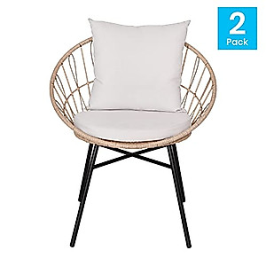 Flash Furniture Devon Set of 2 Indoor/Outdoor Modern Papasan Style Rope Patio Chairs, PE Rattan with Cushions, Tan/Light Gray