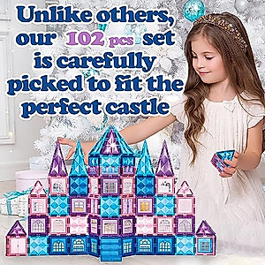 102pcs Frozen Princess Castle Magnetic Tiles Building Blocks - 3D Diamond Blocks, STEM Educational Toddler Toys for Pretend Play, 4 Year Old Girl Birthday Gifts Kids Ages 3 5 6 7 8