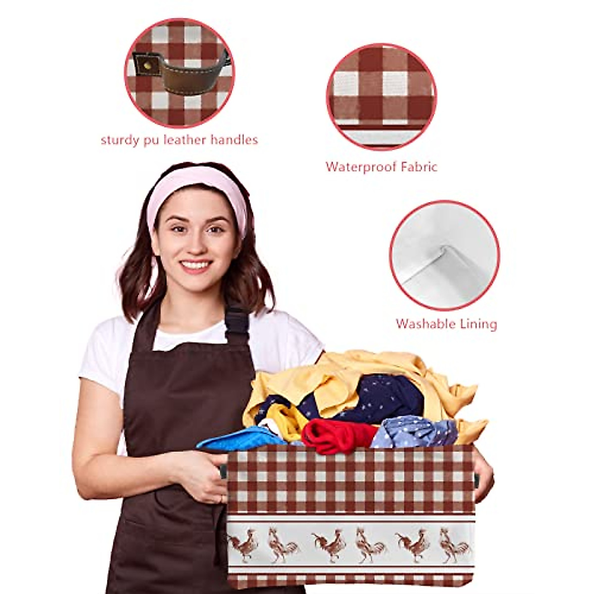 Farmhouse Rooster Storage Bins 1 Pack, Large Waterproof Storage Baskets for Shelves Closet, Rustic Farm Animals Red White Plaid Storage Basket Foldable Storage Box Cube Storage Organizer with Handles