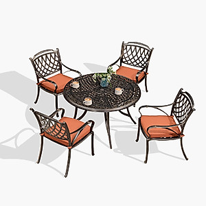PURPLE LEAF Patio Dining Set Cast Aluminum 5-Piece Patio Furniture Set with 4 Dining Armchairs and 47" Round Table, 4 Cushions Included, for Lawn Yard Garden, Rhombic Brick Red Outdoor Dining Set