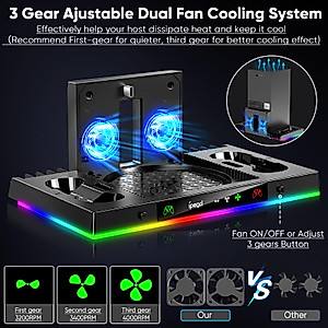 Upgrade Cooling Fan &Dual Controller Charging Station for Xbox Series X with 15RGB Light, Vertical Stand Charger Dock with 2 Rechargeable Batteries Packs, Cooler System with Disc Accessories Storage