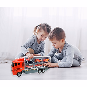 Smart Novelty Die Cast Emergency Trucks Vehicles Toy Cars Play Set in Carrier Truck - 7 in 1 Transport Truck Emergency Car Set for Kids Gifts (Fire Vehicle Set)