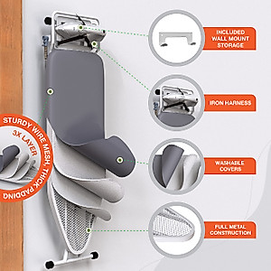 Xabitat Full Size Ironing Board 57" X 18" with Wall Mount Hanger, Full Metal Construction Iron Board, Built in Iron Caddy, Heat & Scorch Resistant Fabric, Cord Holder, Anti-Skid Feet, Heavy Duty