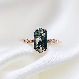 Natural Moss Agate Ring For Women Pear Hexagon Shaped Gold Ring Silver Ring Delicate Ring Stacking Ring Promise Ring For Women's Birthday Gift By FOREVER GEMS & JEWELS, Rose Gold,White,Green,Silver