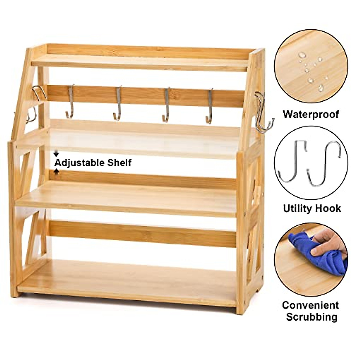 Bekith 3 Tier Bamboo Spice Rack Storage Shelves, Kitchen Countertop Organizer with Hooks, Standing Pantry Shelf, Adjustable Vanity Shelf Desk Bookshelf for Bedroom, Bathroom & Office