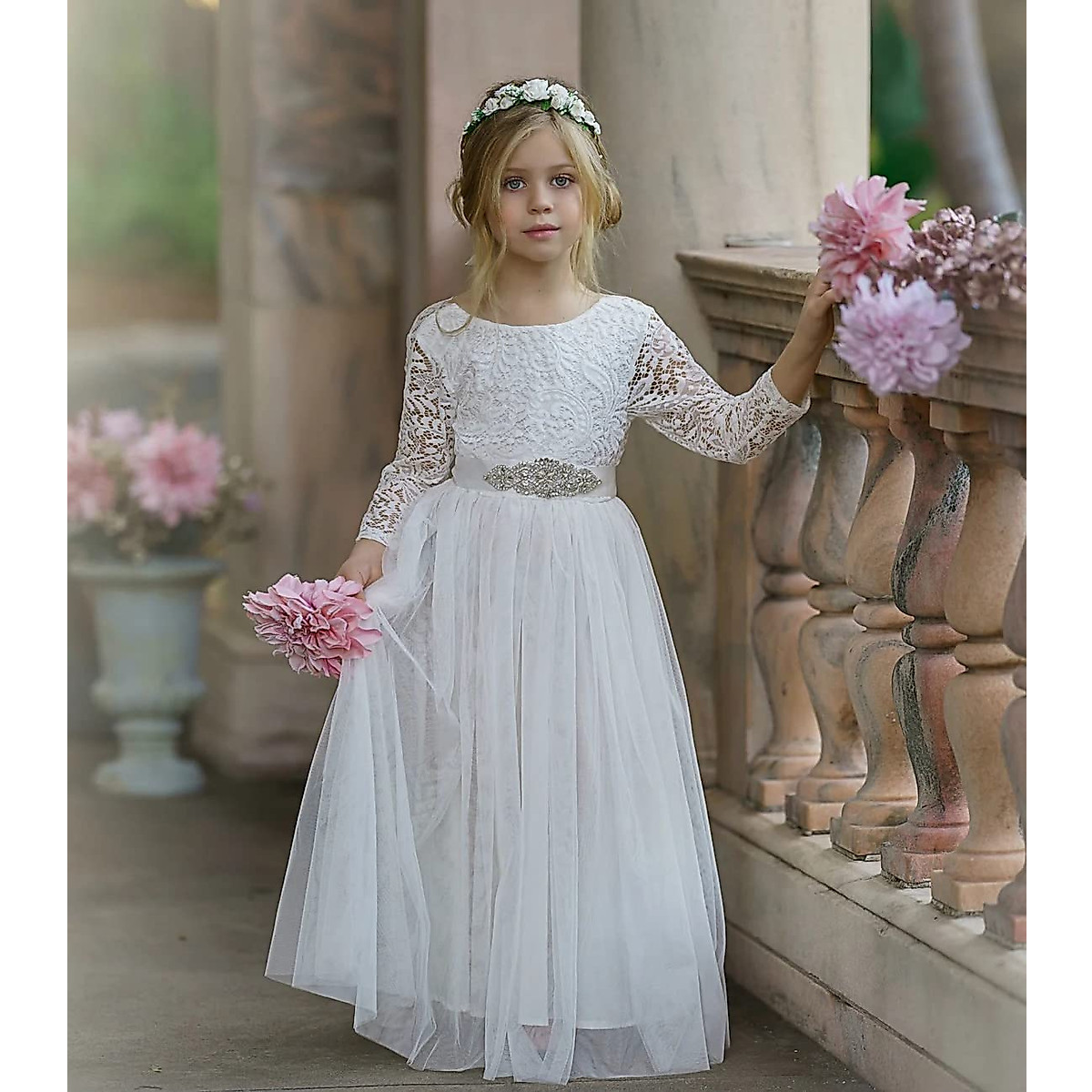 MCieloLuna Toddler Girl Baby GILR Lace Back Tulle Flower Dresses for Wedding Wine Red Pageant Princess First Communion Dress Wine Red Size 2