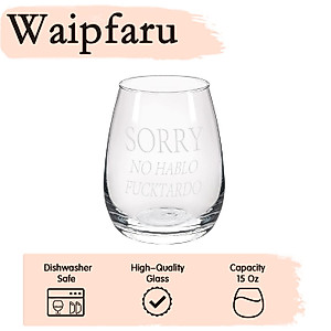 Sorry No Hablo Fuxktardo Wine Glass 15Oz, Funny Stemless Wine Glass Gifts for Women Men, Novelty Birthday Christmas Graduation Gag Gift for Friends BFF Sister Coworkers