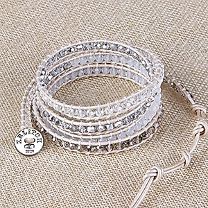 KELITCH Women Gray Clear Crystal Bracelets Beaded 5 Wrap Bracelet Handmade Love White Leather Strand Bracelets New
