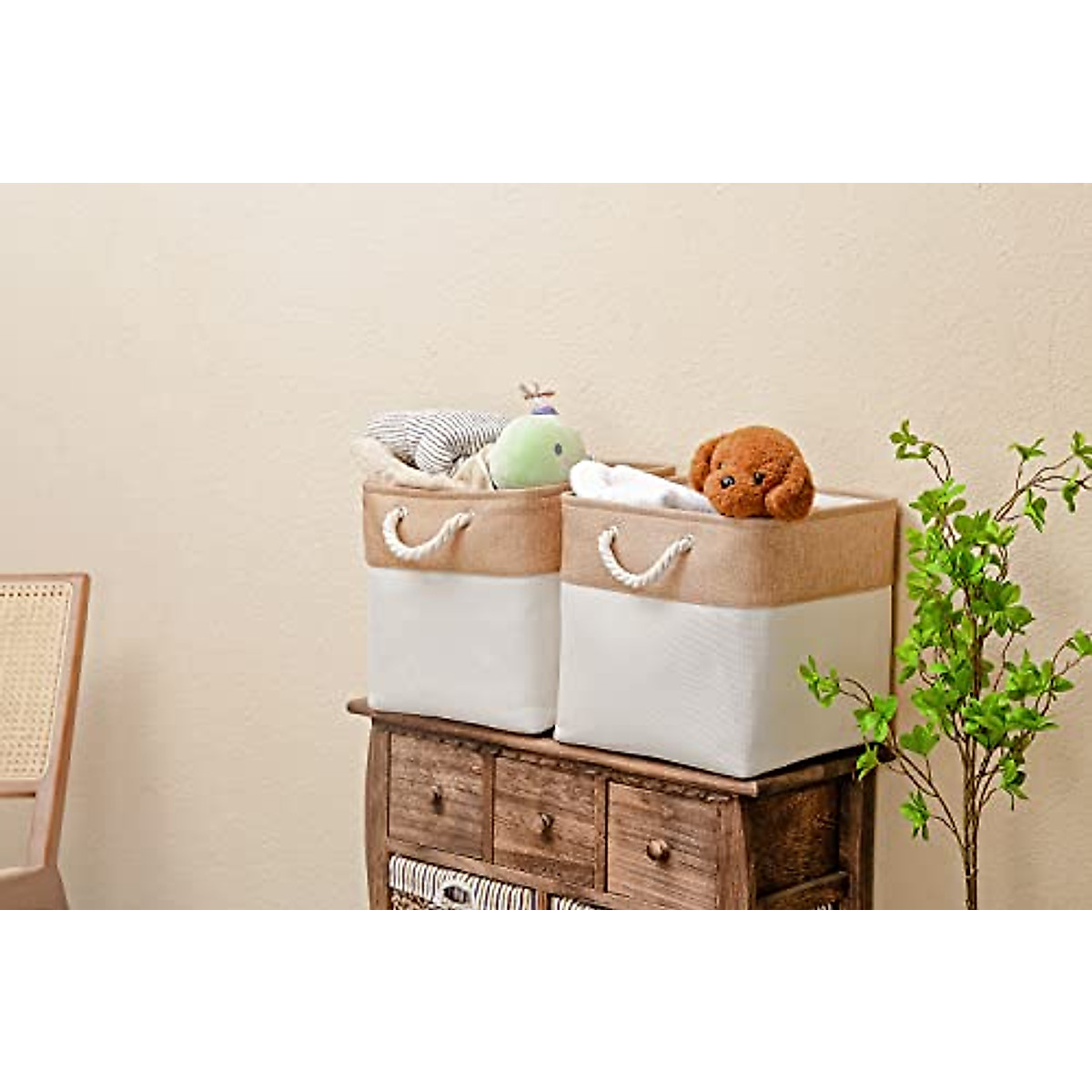 Large Cube Storage Baskets Organizer (10.5" x 10.5" x 11") for Clothes Toys Towel Books, Canvas Fabric Sturdy Collapsible Storage Boxes with Cotton Handles for Closet, Shelves (Beige/Brown, 6 Pack)