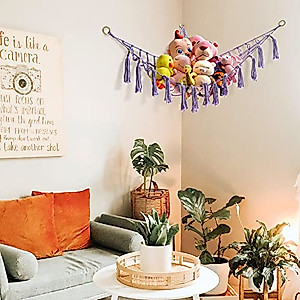 Purple Hammock with Wooden Beads and Fringe Toy Storage, Boho Room Decor, Bedroom Decor, Plush Toy Storage for Kids, Girls Bedroom Storage