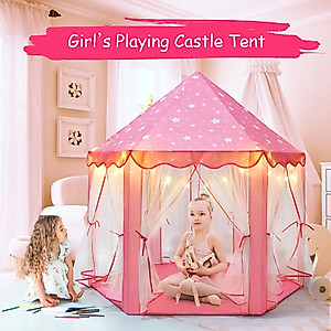 ALPRANG Princess Castle Play Tent Girls Tents Indoor Playhouses with Star Lights Girls Boys Toys for Indoor Outdoor Games Large Size Pink 55'' X 54'' (DxH) (PT-01)