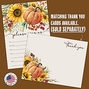 Koko Paper Co Fall Invitations with Pumpkin and Sunflowers | 25 Fill-in Invitations and 25 Bright White Envelopes | Printed on Heavy Card Stock.