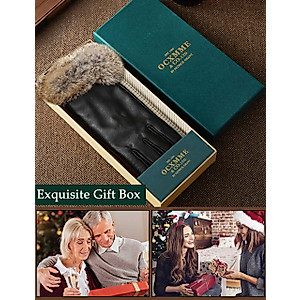 OCXMME Super Warm Womens Rabbit Fur Lined and Cuff Leather Gloves for Women Touchscreen Texting Driving Gloves Black Large