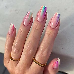24 Pcs Press on Nails -Supremely Fit & Natural Soft Gel Press on Nails Almond, White Glue on Nails with Nail Glue, Reusable Stick on Nails in 12 Sizes（Iridescence）