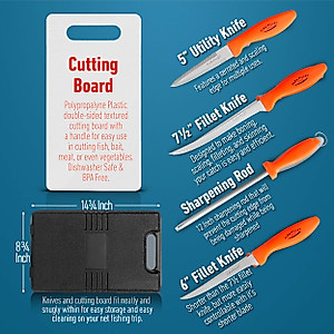 Flex Fillet Fishing Cutlery Set with Sharpening Steel, Cutting Board and Durable Leymar Handles, 5-peice