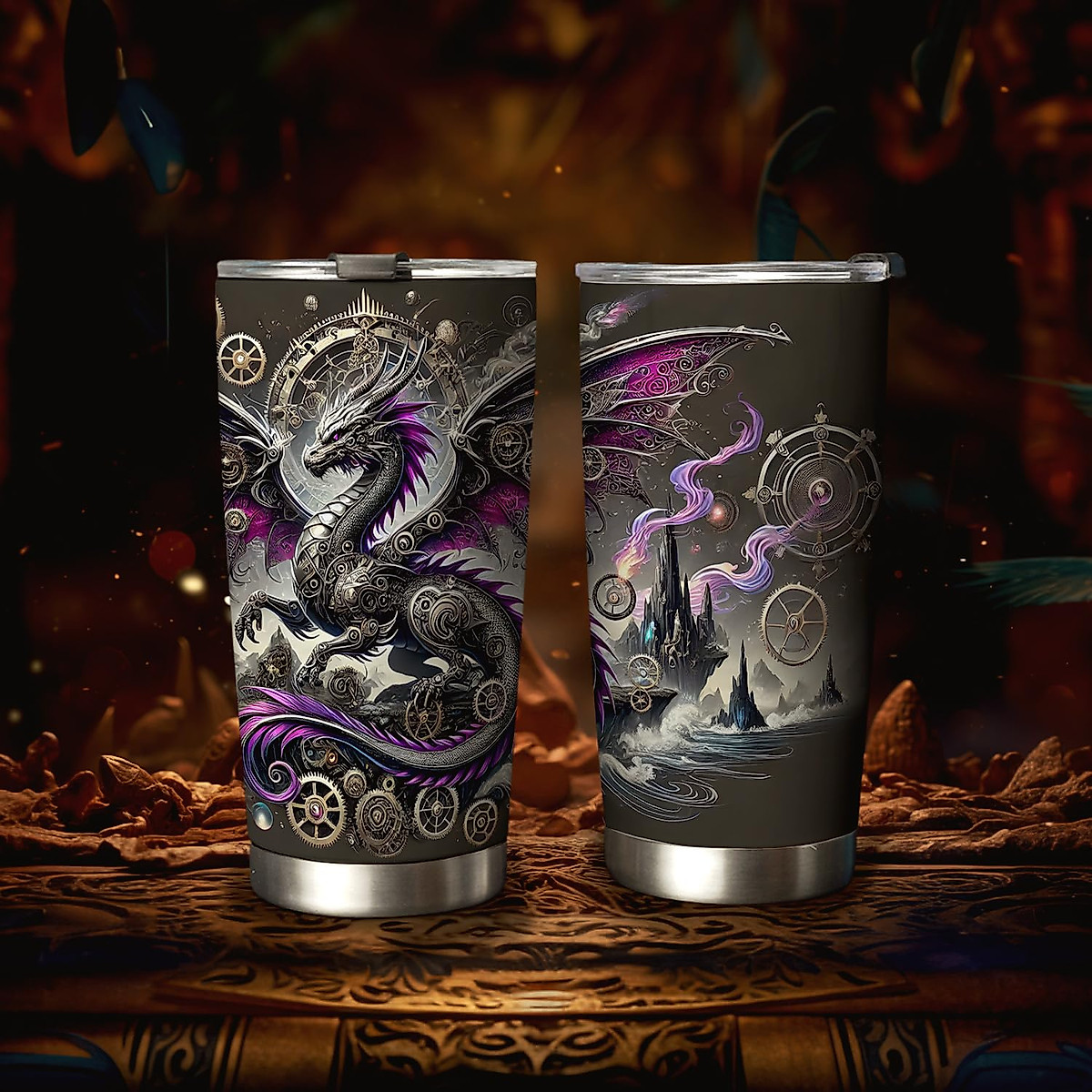 64HYDRO 20oz Steampunk Mechanical Dragon Tumbler, Engineer Mechanic Dragons, Gaming, Gamers Gifts for Dragon Lovers, Stainless Steel Double Wall Vacuum Insulated Coffee Mug, Travel Cup with Lid - F