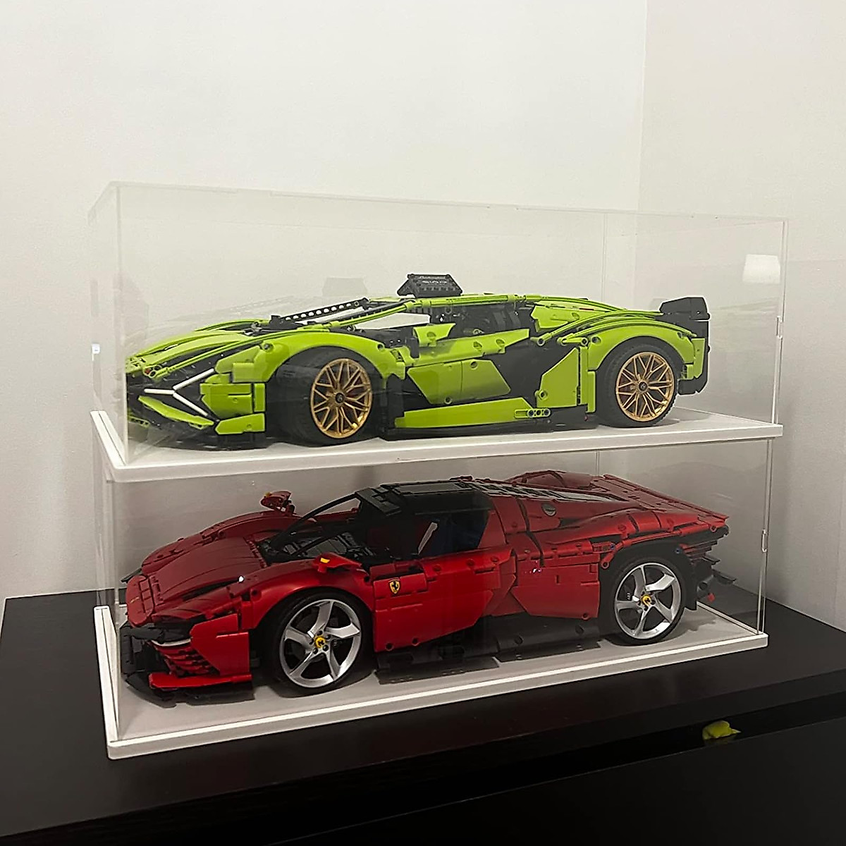 Thickened Clear Acrylic Display Case with Wood-Plastic Base for Lego 42096 42172 42143 42083 42156 Figures Transparent Box Large Organizer Protection, White Inside 23.6X11.8X7.9inch