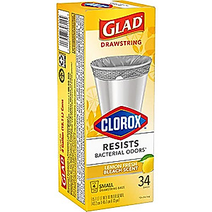 Glad Small Drawstring Trash Bags with Clorox, 4 Gallon Grey Trash Bags, Lemon Fresh Bleach Scent, 34 Count (Package May Vary)
