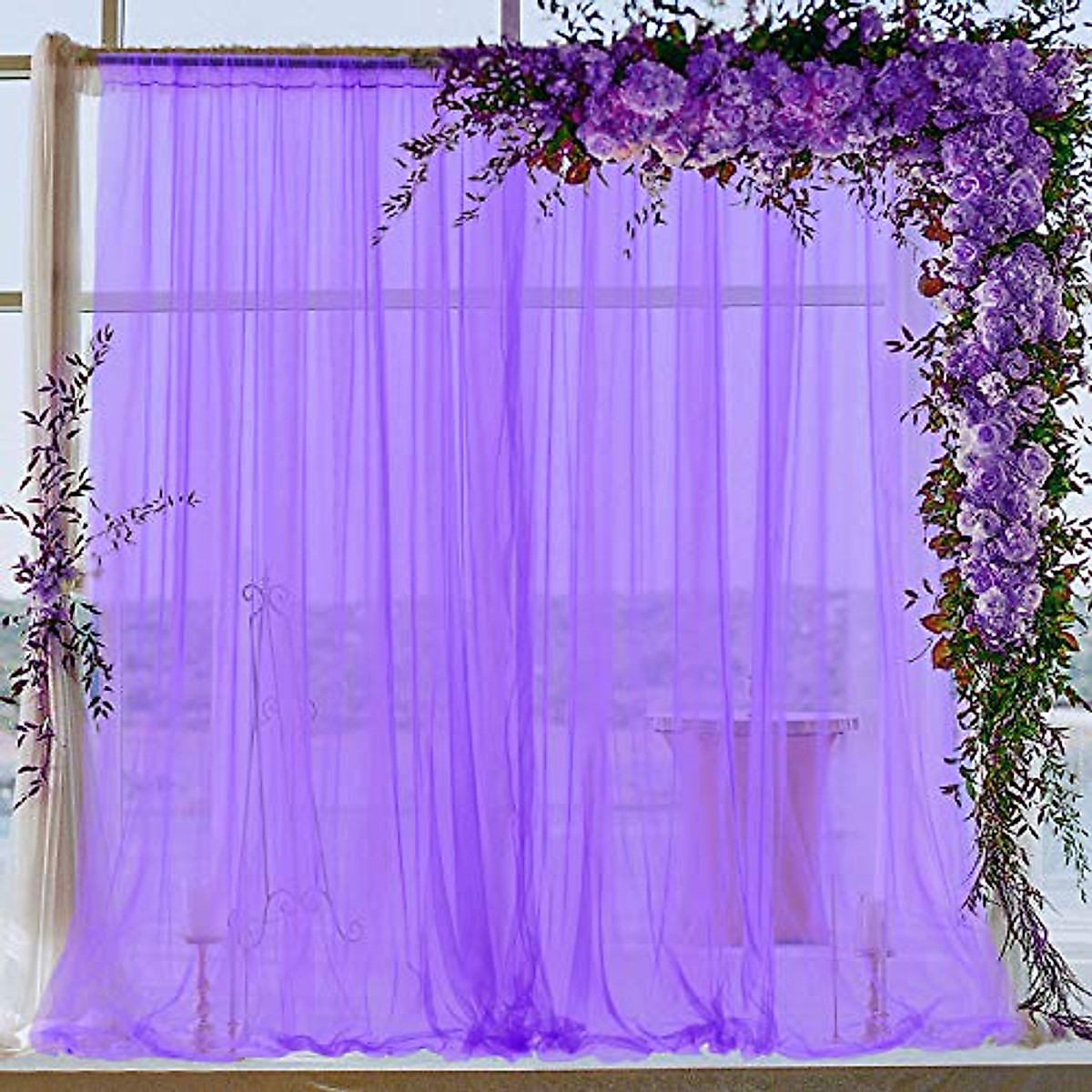 Purple Tulle Backdrop Curtain for Baby Shower Girls Birthday Party Purple Sheer Backdrop Drapes for Wedding Reception Photoshoot Elephant Theme Background Decorations 2 Panels 5 ft X 8 ft