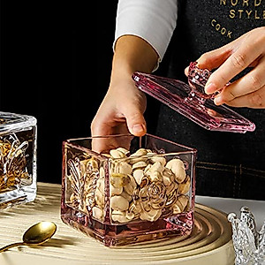 LWXPAIYY Pink Glass Candy Dish with Lid 16oz,Embossed Glass Candy Jar with Lid,Crystal Candy Dishes Bowl with Lids for Office Desk Coffee Table,Food Cookie Buffet Storage Luxury Decorative Jar (Pink)