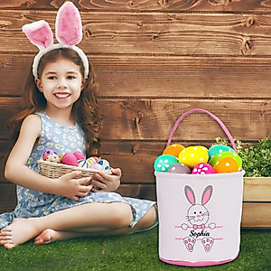 XJone Personalized Custom Easter Buny Baskets for Boys Girls with Name Customized Canvas Cotton Egg Tote Gift Bags