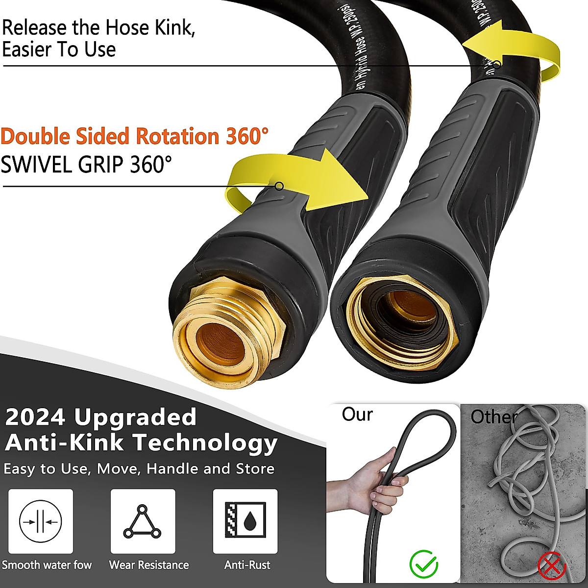 Hybrid Garden Hose 100 ft x 5/8 in Heavy Duty Water Hoses,Flexible and Durable,No Leaking PVC,Rubber Hose with PVC Reliefs for Backyard,3/4'' Solid Brass Fittings