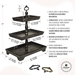 Large Rectangle Rustic Wood Three Tiered Tray, 3 Tier Serving for Coffee Bar, Kitchen Counter, Modern Farmhouse Table Decor, Cupcake Stand, Holiday - Felt Creative Home Goods (Black) with 3 Handles