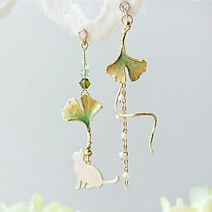 Pink Flower Tassel Drop Earrings Cherry Blossom Pearl Leaf Earrings Rose Petal Fairy Charm Flower Leaf Earrings-Ginkgo