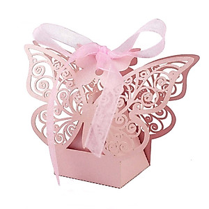 JANOU 24pcs Butterfly Candy Boxes Laser Cut DIY Paper Box with Ribbons for Wedding Bridal Birthday Baby Shower Party Suppliers (Pink)