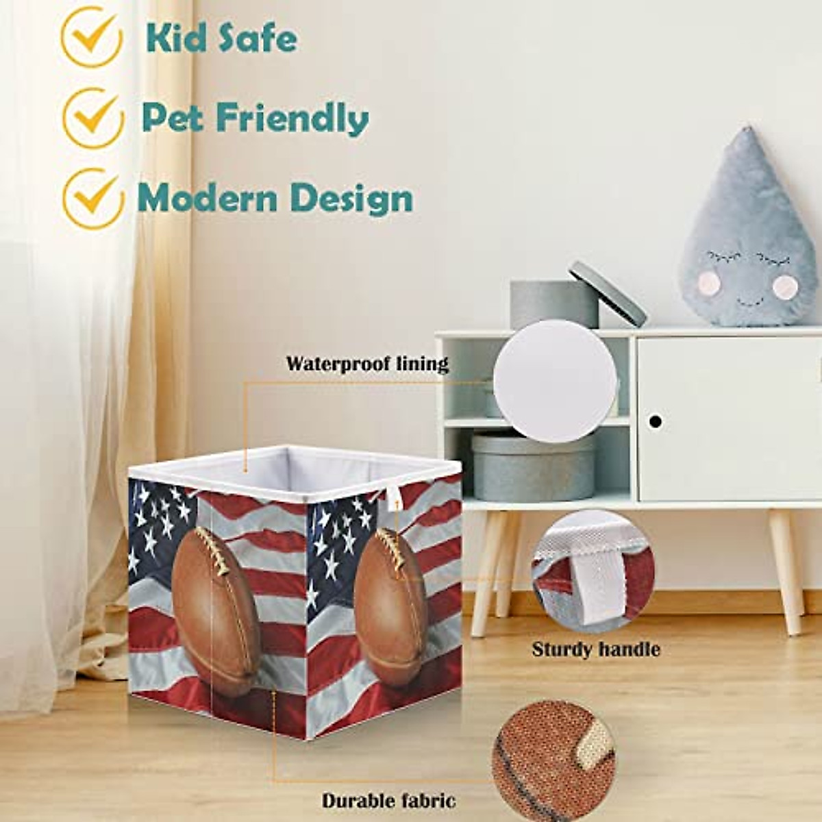 visesunny Closet Baskets Football Usa Flag Storage Bins Fabric Baskets for Organizing Shelves Foldable Storage Cube Bins for Clothes, Toys, Baby Toiletry, Office Supply