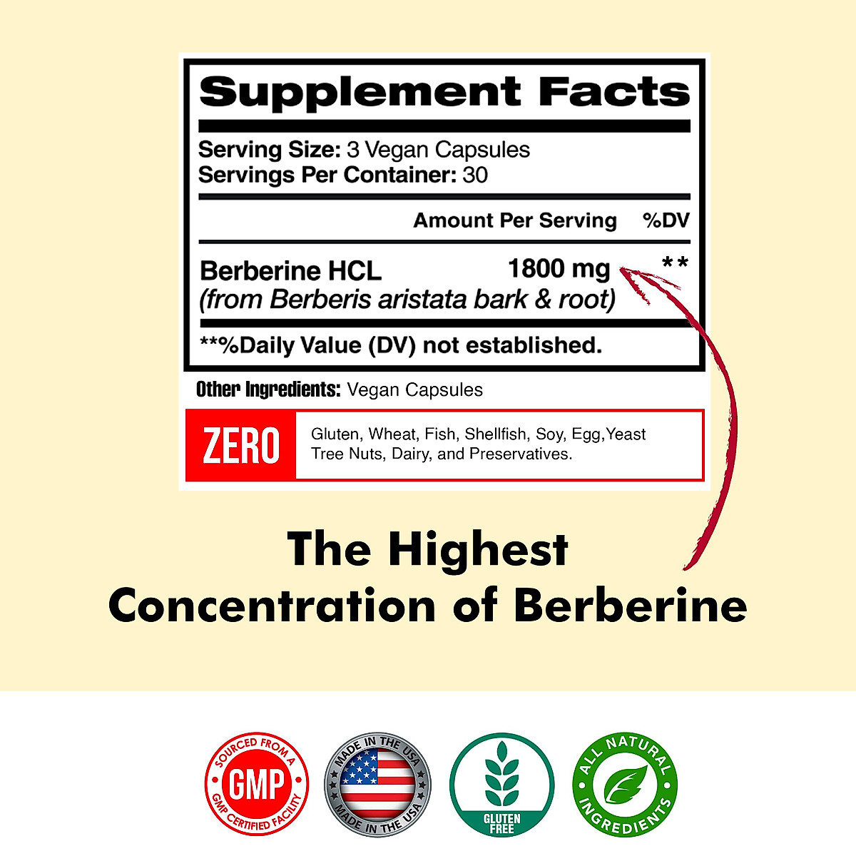 Berberine 1800mg Per Serving, Berberine Supplement, Berberine HCL, Berberine Pills, Berberine Capsules, Cardiovascular & Heart Health, Immune Support, 90 Veggie Capsules