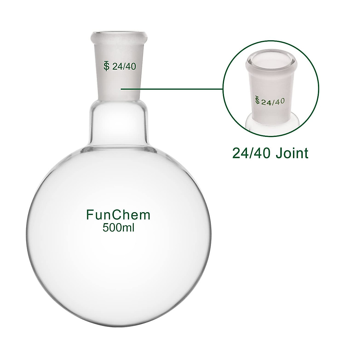 FunChem Single Neck 1 Neck Round Bottom Flask RBF, Glass Boiling Flask with 24/40 Standard Taper Outer Joint, 500 ml