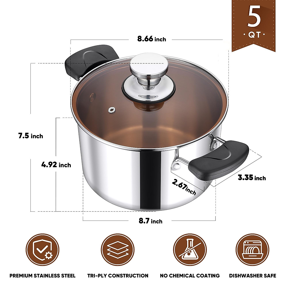 E-far 5-Qt Stockpot, 3-Ply Stainless Steel Stock Pot with Glass Lid & Stay-Cool Handles for Cooking Simmering Soup Stew, Heavy Duty Cookware Works w/Induction, Non-toxic & Dishwasher Safe