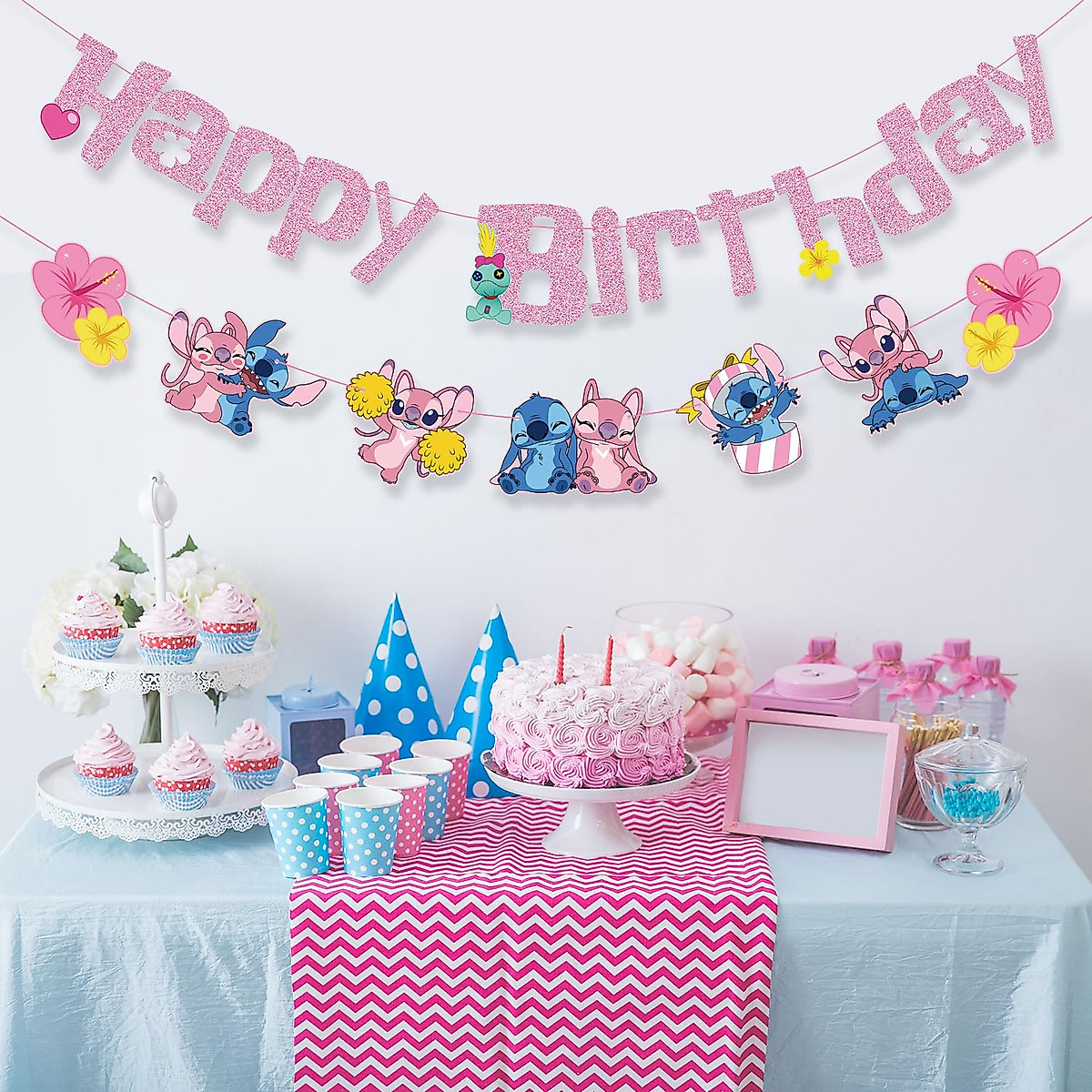 Pink Birthday Banner, Cartoon Happy Birthday banner Pink Cute Party Decoration for Girls Kids Birthday Party Baby Shower Cartoon Sign Decorations