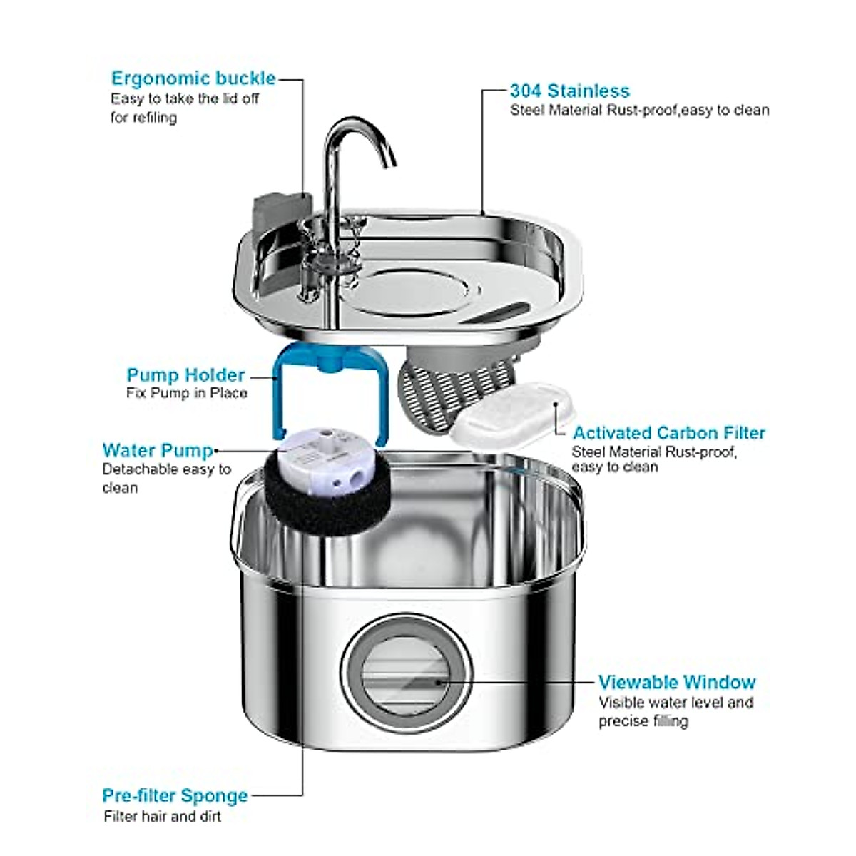 NautyPaws Cat Water Fountain, 3.2L/108oz Automatic Stainless Steel Pet Fountain Dog Water Dispenser with Super Quiet&Transparent Window Design- Ideal for Cats, Dogs and Multiple Pets - Dishwasher Safe