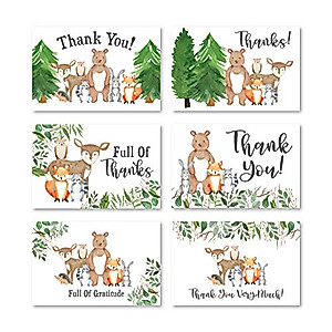 24 Woodland Thank You Cards With Envelopes, Kids or Baby Shower Thank You Note, Rustic Animal Deer or Fox, 4x6 Varied Gratitude Pack For Party, Birthday Boy or Girl Children, Appreciation Stationery