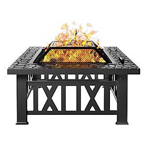 VECELO Outdoor Fire Pit Table, 32'' Square Firepit Stove, Multifunctional Fireplace with Sturdy Legs Spark Screen Lid and Poker, Perfect for Backyard Patio Garden Picnic, Faux-Stone Finish-Black