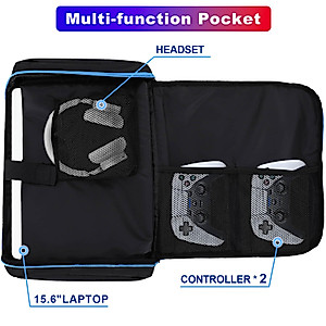 PS5 Backpack Travel Bag Slim - 15.6" PS5 Backpack Bag, PS5 Carrying Case Travel Bag, PS5 Backpack Compatible with Playstation 5 Disc/Digital/Slim Edition Console, Controller, Base, Game Discs, Laptop